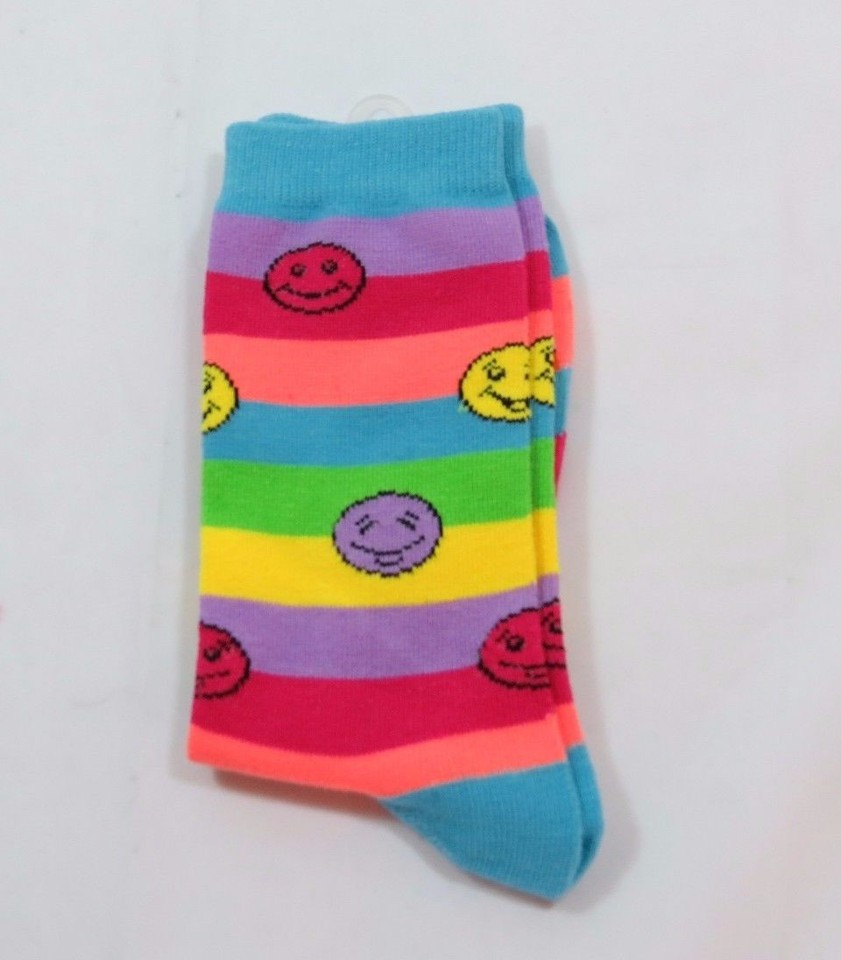Womens Striped Smiley Face Multi Colored Crew Socks Sz 9-11 Teal Trim B ...