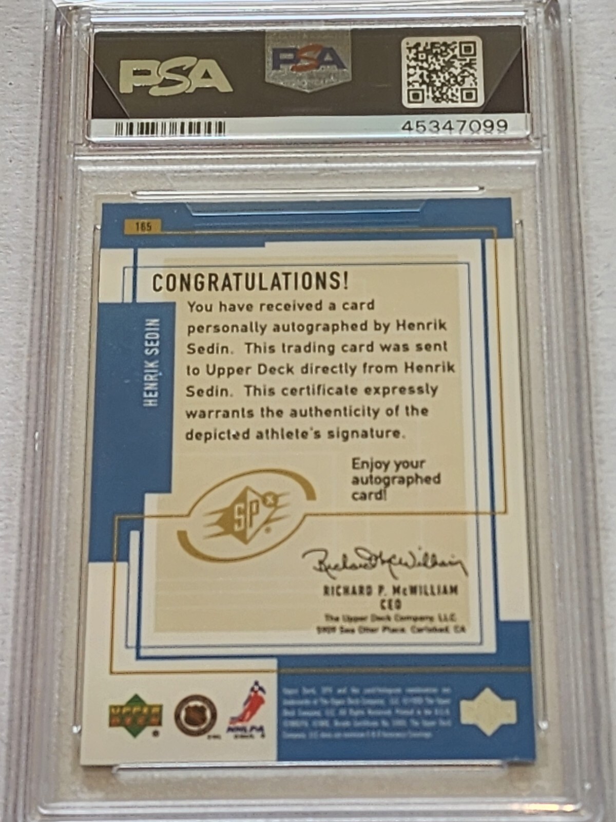 1999 SPx #165 Henrik Sedin HOF Rookie RC AUTO PSA 9 MINT Hart, Art Ross ...