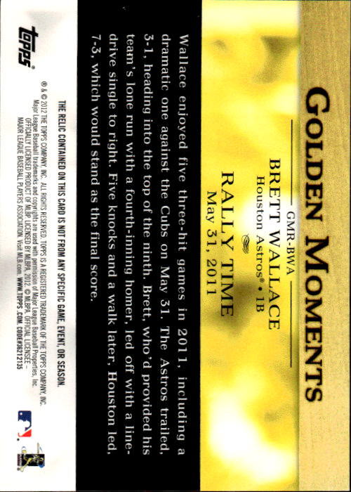 2012 Topps Brett Wallace #GMR-BWA Golden Moments Relics Houston Astros ...