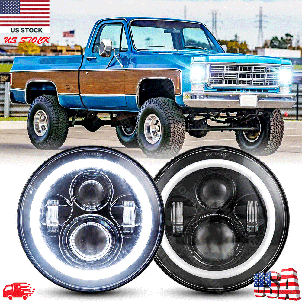 Pair 105W 7" Round LED Headlights Hi/Lo Beam For Chevy 1975-1980 K10 ...