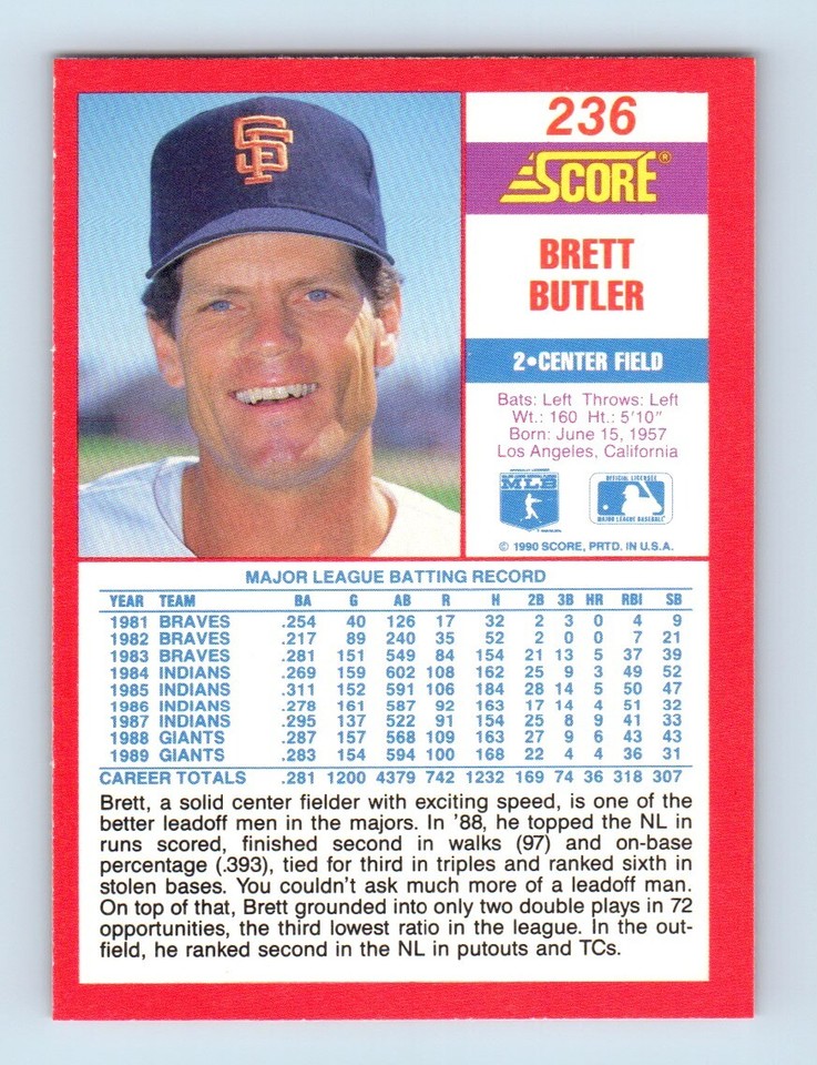 1990 Score Brett Butler San Francisco Giants #236 | eBay