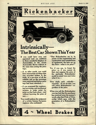 1924 Rickenbacker Automobiles Ad: "Rickenbacker Six: A Car Worthy of ...