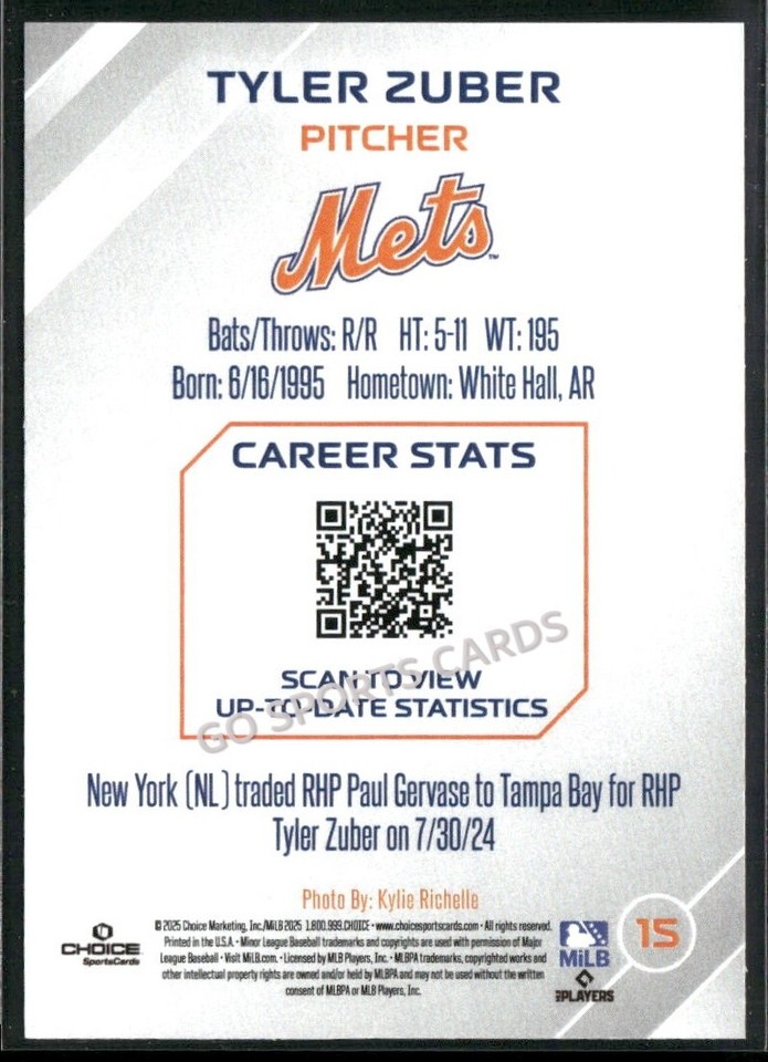 2025 Syracuse Mets Tyler Zuber RC Rookie Mets Minor League | eBay