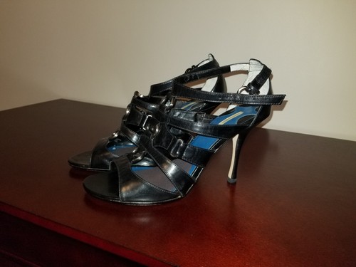 MAX STUDIO Women Black Strappy Sandals in Leather with Stiletto Heels ...