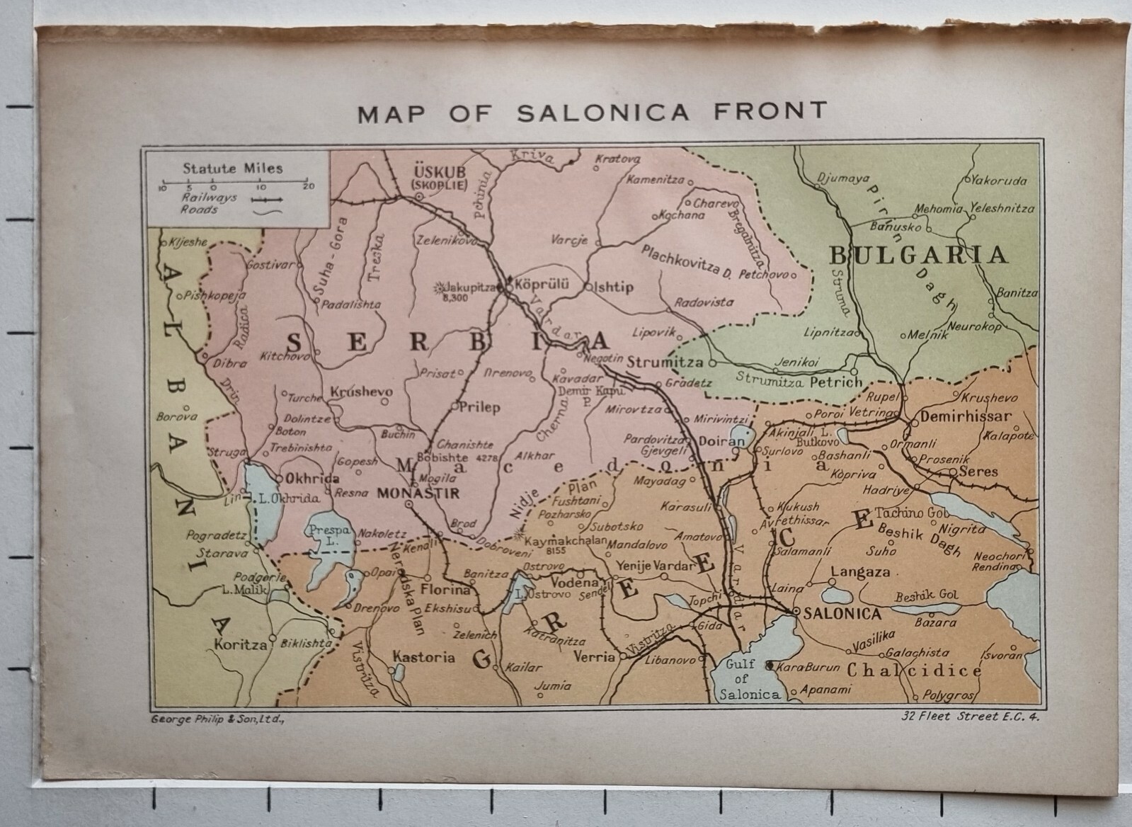 1918 WW1 WORLD WAR I PRINT - MAP OF SALONICA FRONT SERBIA BULGARIA ...