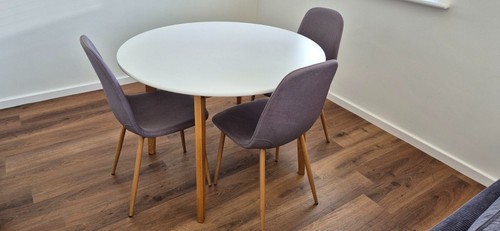 Jysk Legind Round White table and 3 grey cloth chairs | eBay UK