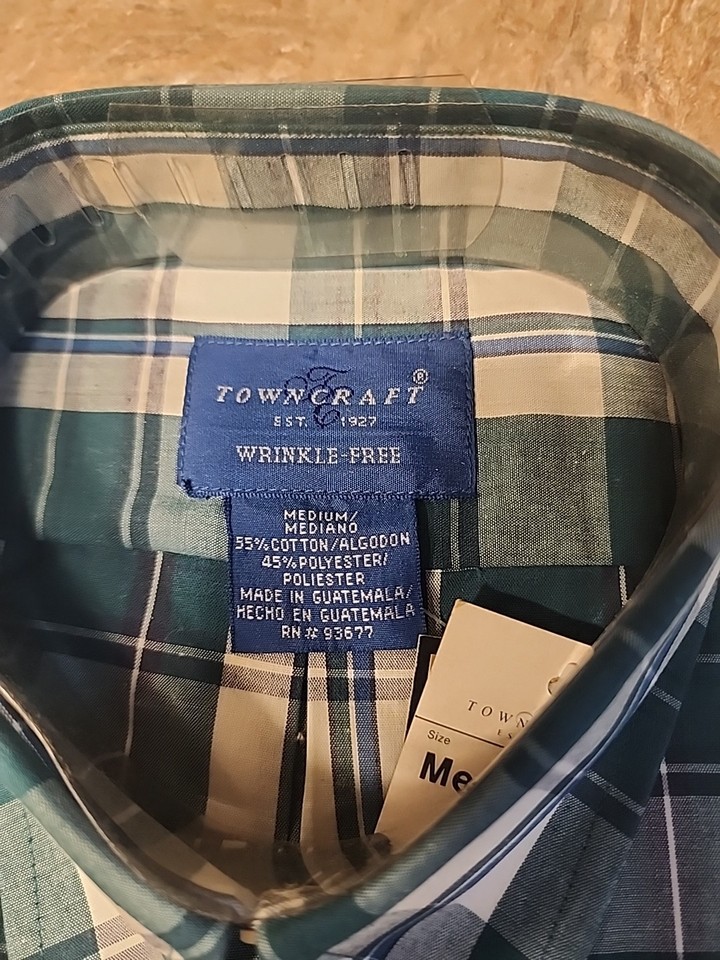 Towncraft Medium Wrinkle Free Short Sleeve Green And Blue Plaid Button Shirt | eBay