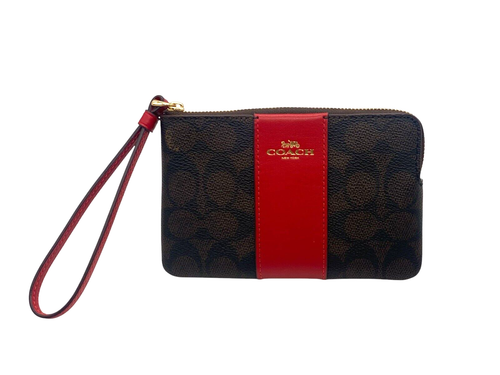 Coach Women's Corner Zip Wristlet Walnut / Bold Red Signature Canvas ...