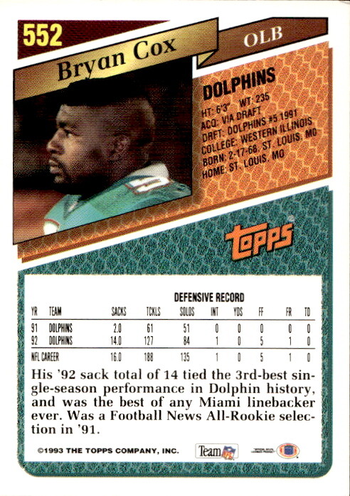 1993 Topps Bryan Cox 552 Miami Dolphins | eBay