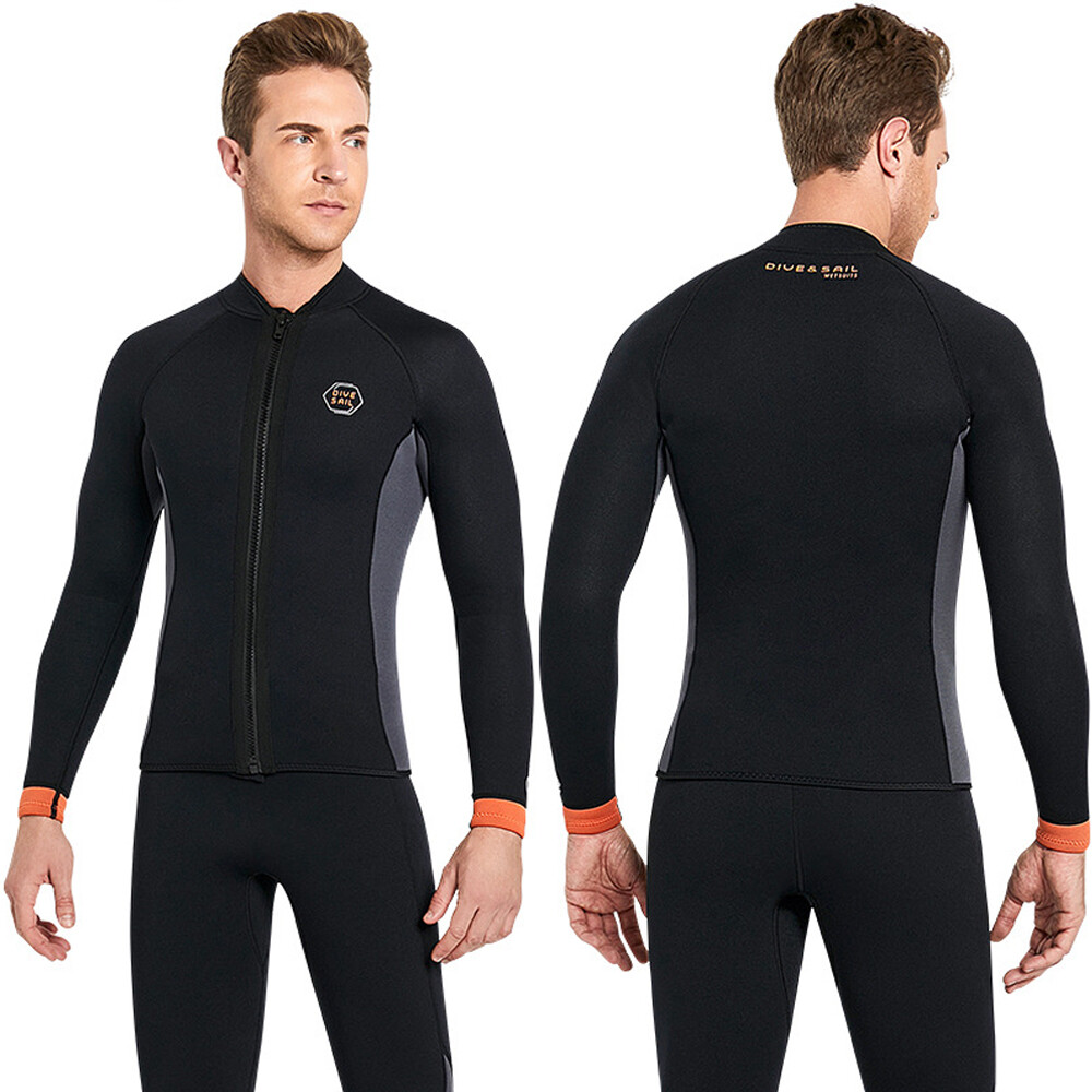 Men 3mm Neoprene Long Sleeve Wetsuit Warm Front Zipper Wetsuits Shirts ...