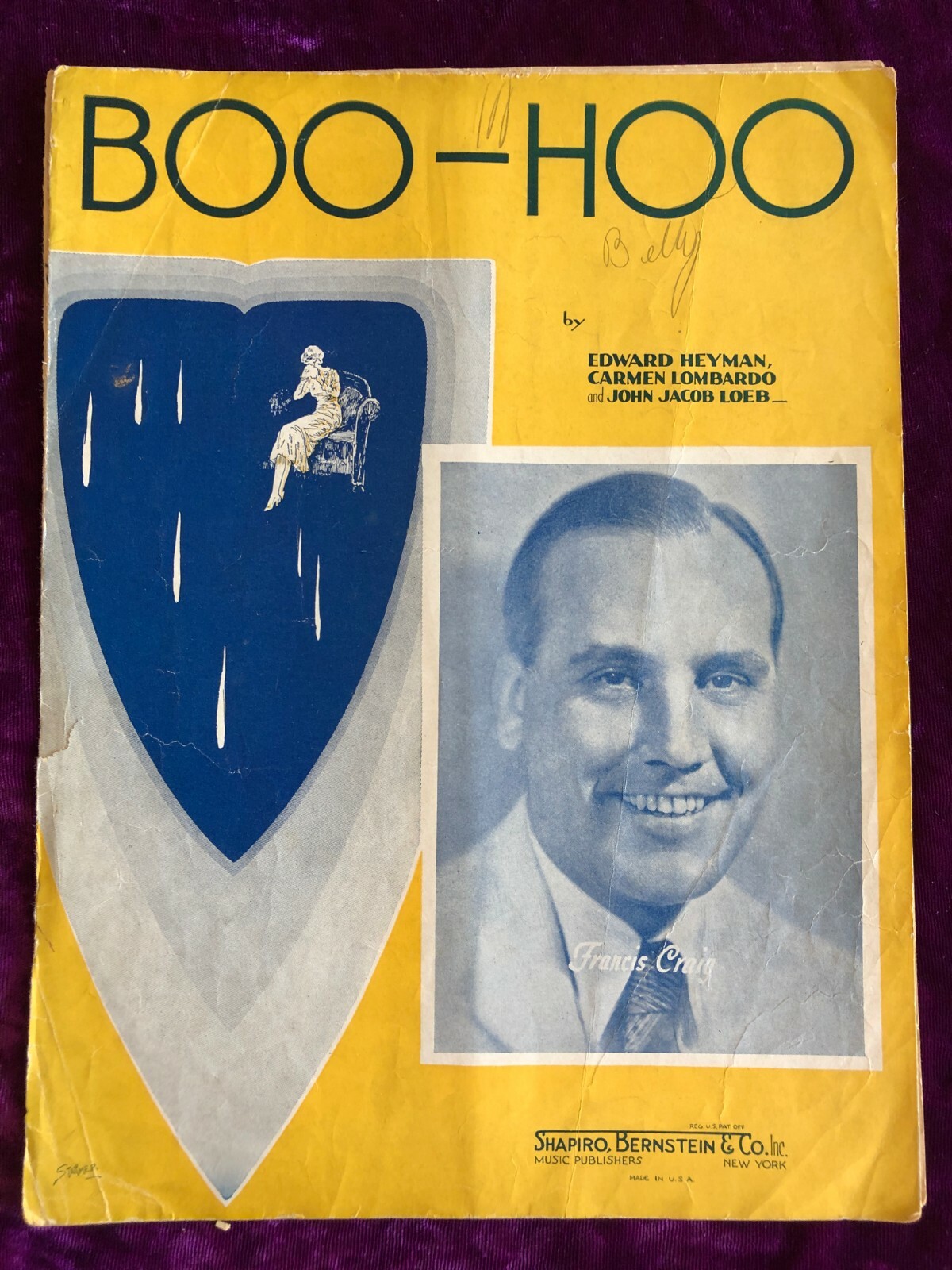 1937 BOO-HOO SHEET MUSIC FRANCIS CRAIG HEYMAN LOMBARDO & LOEB SHAPIRO ...