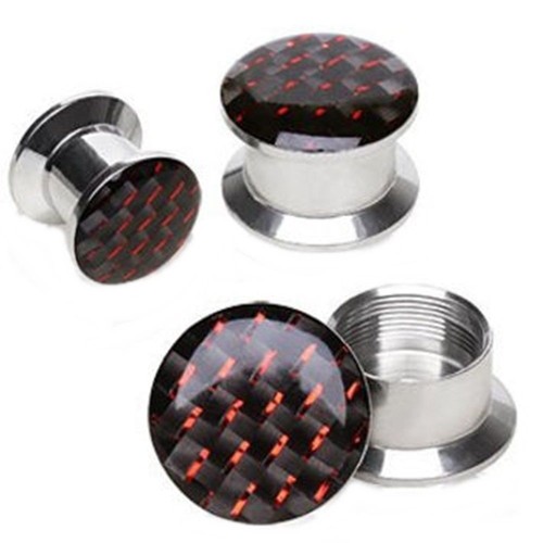 PAIR-Carbon Check Black/Red Steel Stash Screw On Ear Plugs 10mm/00 ...