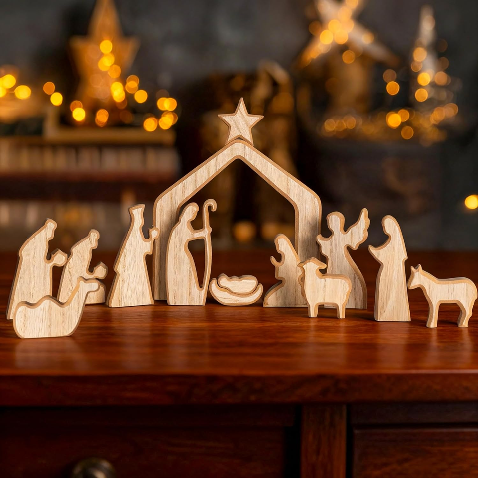 NEROSUN Nativity Scene Set, 13Pcs Wooden Christmas Nativity Scene ...