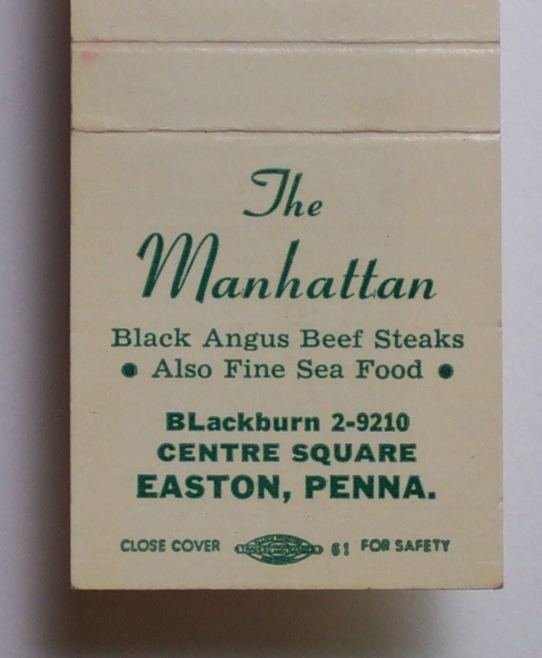 1950s Manhattan Black Angus Steaks Easton PA Northampton Co Matchbook ...