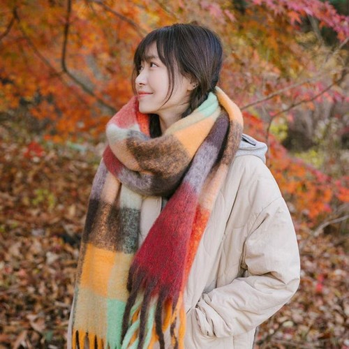 Women Long Scarf Plaid Print Stylish Winter Scarves Colorful Colorblock ...