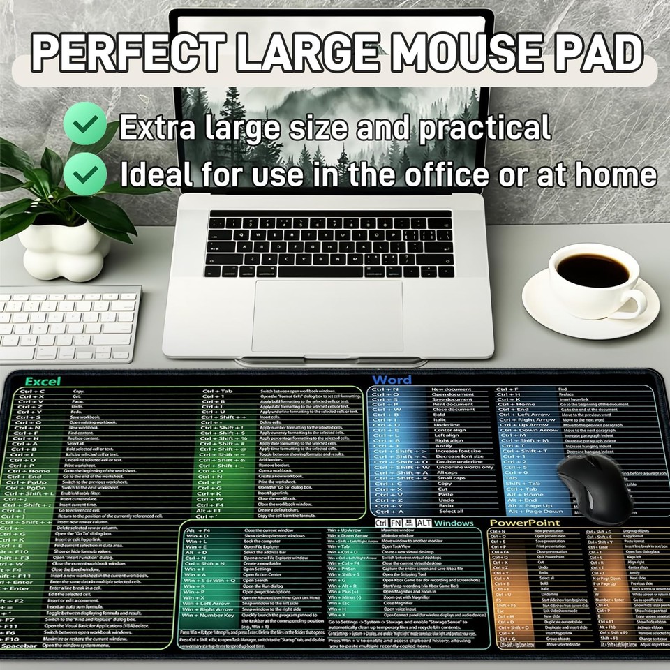 Computer Cheat Sheet Desk Pad 31.5x11.8 Inch Excel Word Shortcut Mouse ...