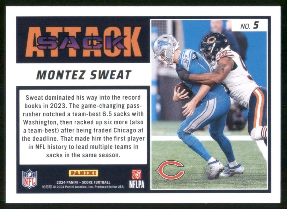 2024 Score Sack Attack Red #5 Montez Sweat Chicago Bears 36951 | eBay