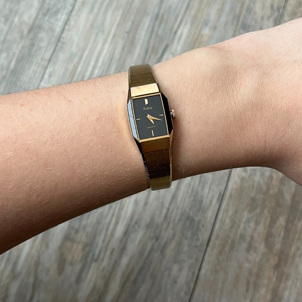 Pulsar Watch Vintage Gold Black Rectangle Square Small Dainty Old Money ...