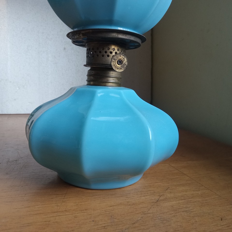 1898 BLUE OPAQUE GLASS UNCLE SAM RIBBED MINIATURE OIL LAMP W/MATCHING ...