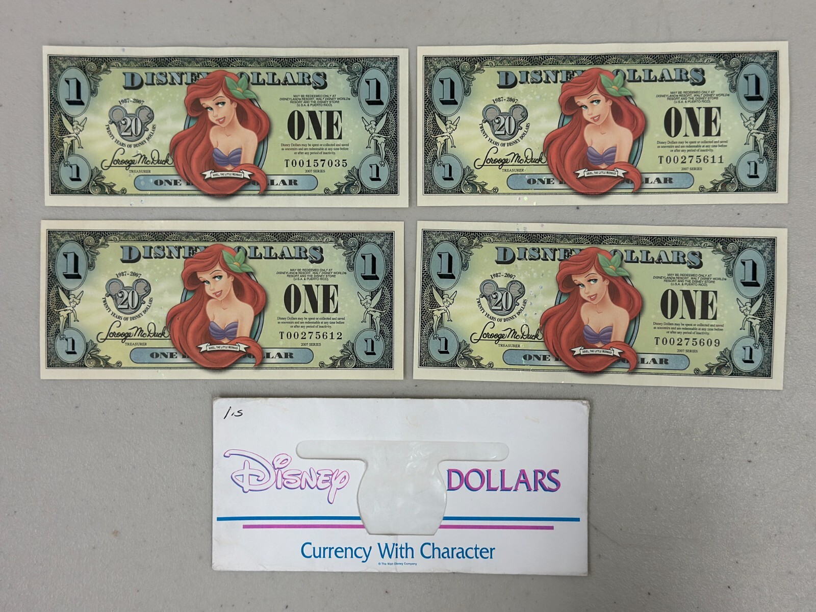 Disney Dollar Ariel 1$ Bill T Series Lot Of 4 W/ Envelope *No Barcode ...