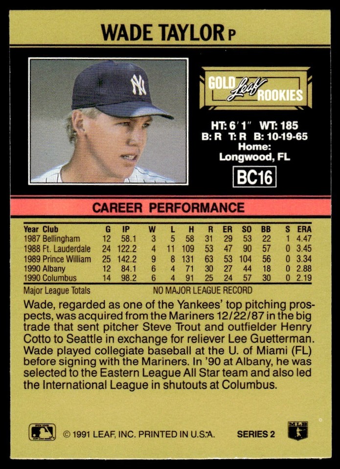 1991 Leaf Gold Rookies Wade Taylor New York Yankees #BC16 | eBay