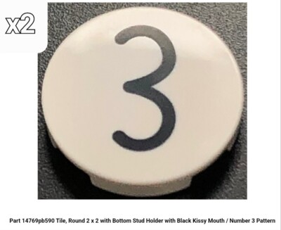 NEW LEGO x2 WHITE 14769pb590 Tile, Round 2 x 2 W/ Number 3 Pattern ...