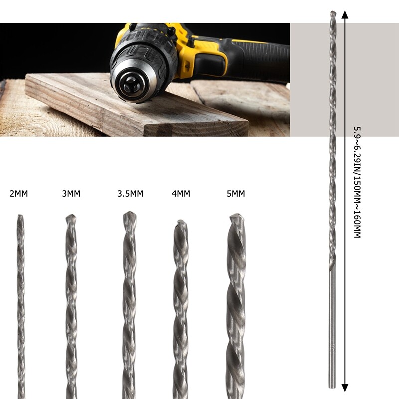 5X(5PCS Extra Long High-speed Steel Drill Bit Sets Straight Twist Drill ...