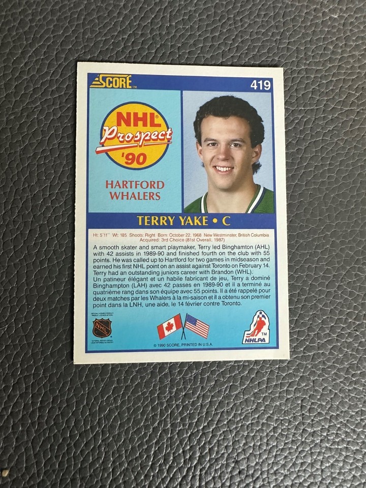 1990 Score Terry Yake #419 Hartford Whalers RC Hockey Card | eBay