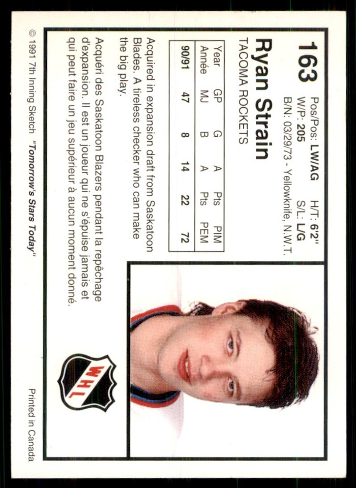 1991-92 7th Inning Sketch WHL Ryan Strain IP Signed Auto Tacoma Rockets ...