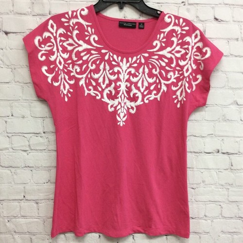 Susan Graver Womens Top Pink White Short Sleeve Scoop Neck Embroidered ...