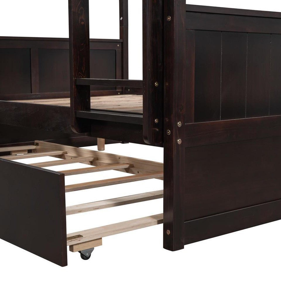 New Practical Full Over Full Bunk Bed with Twin Size Trundle, Espresso ...