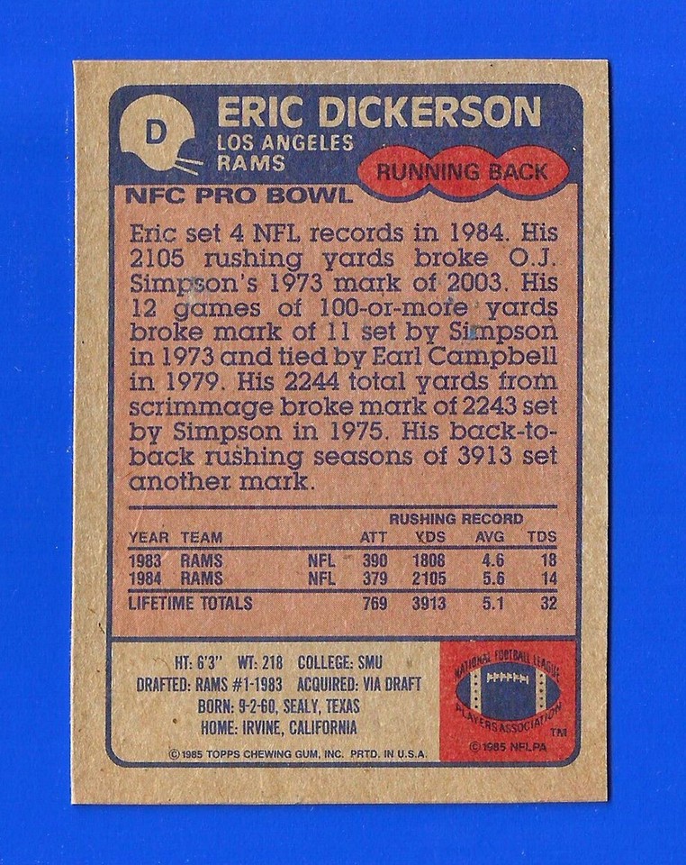1985 Topps FOOTBALL BOX BOTTOM #D ERIC DICKERSON HOF LOS ANGELES RAMS ...