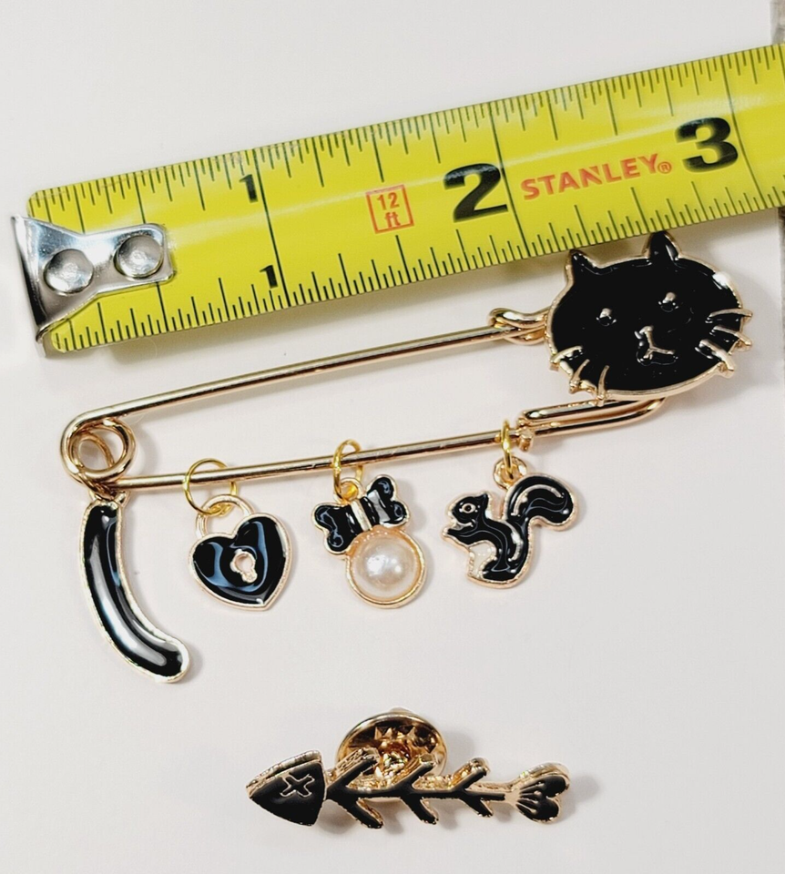 Gold Tone Black Cat Enameled Safety Pin Brooch With Added Charms. PLUS ...