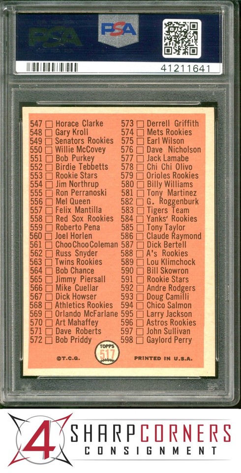 1966 TOPPS #517 BASEBALL CHECKLIST 507-598 #529 WHITE SOX ROOKIES POP 8 ...