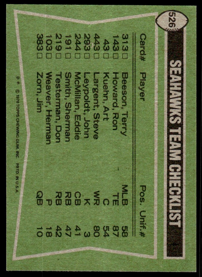 1978 TOPPS SHERMAN SMITH/STEVE LARGENT/AUTRY BEAMON/WALTER PACKER K ...