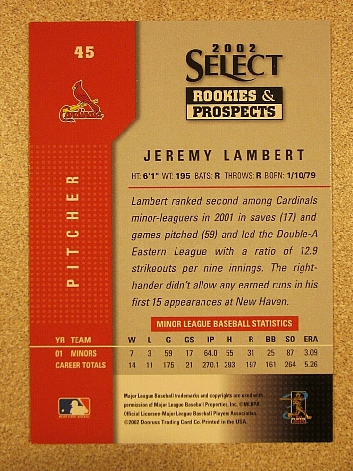 2002 DONRUSS SELECT ROOKIES #45 JEREMY LAMBERT AUTO SIGNED ST LOUIS ...