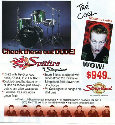 1999 small Print Ad of Slingerland Spitfire Tre Cool Signature Drums ...