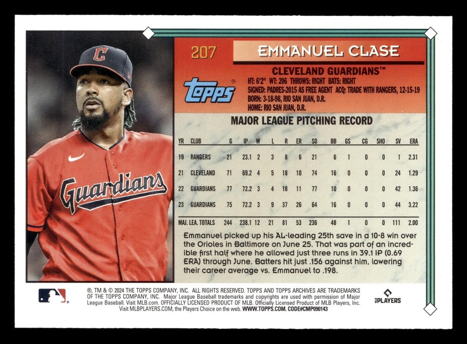 Emmanuel Clase 2024 Topps Archives #207 Cleveland Guardians *247 | eBay