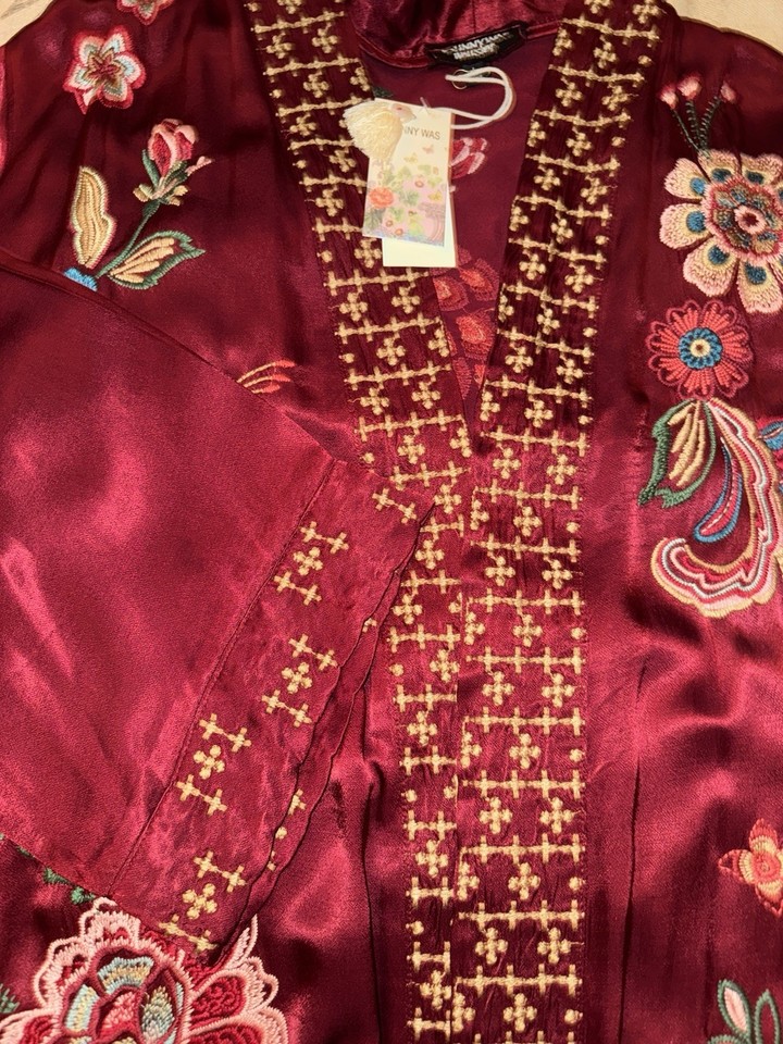 NEW Johnny Was L Deep Red Long Kimono Silky Duster Embroidered Wrap ...