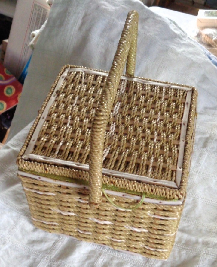 Vintage Rattan Sewing Box with Green satin lining and Handle 1970 Pre ...