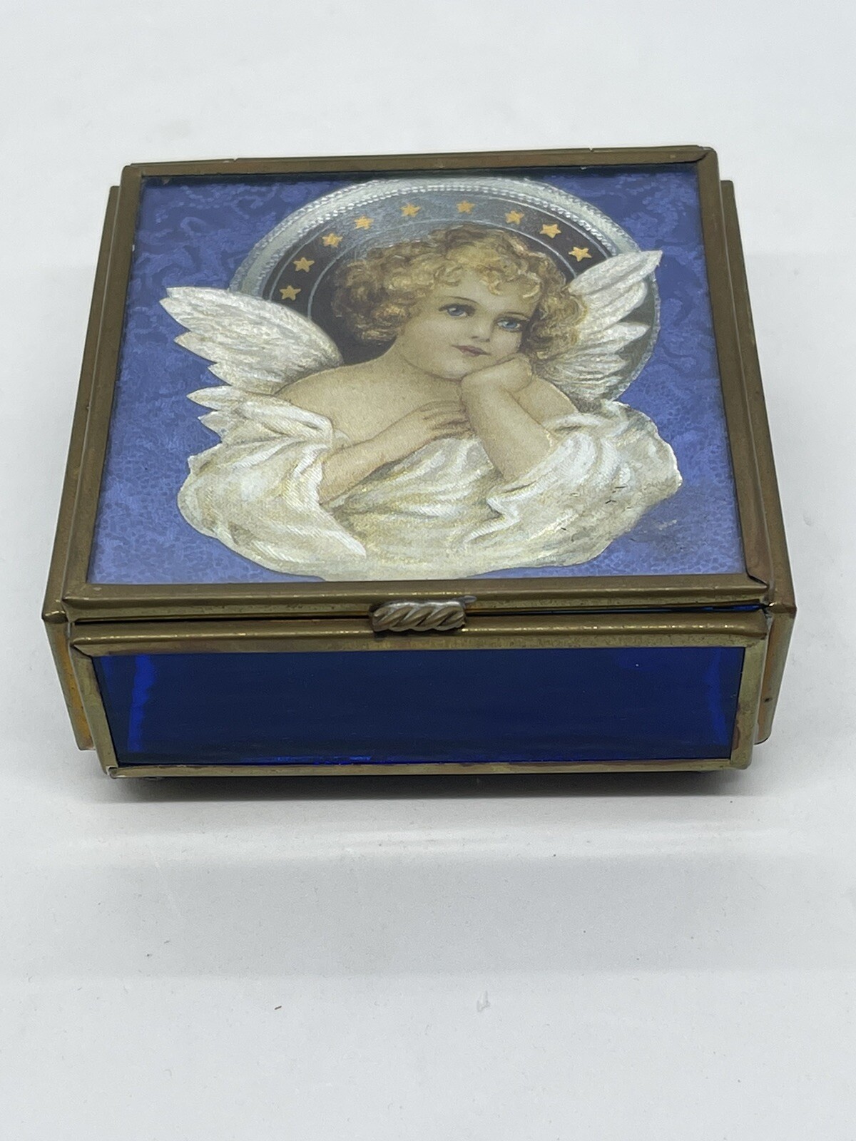 Vintage 1993 Blue Glass Brass Mirrored Trinket Box Thomas Cathey ...