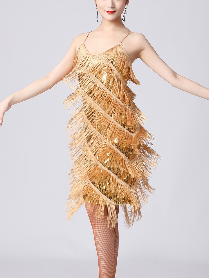 Women Sequins Fringe Tassel Flapper Dress Samba Chacha Tango Latin ...