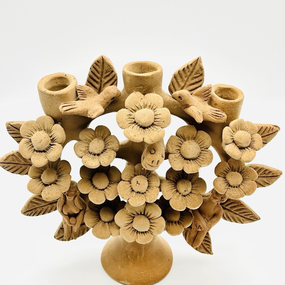 VTG Mexican Folk Art Pottery Candelabra Adam Eve Snake Tree of Life ...