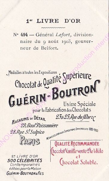 Chromo Chocolate Guérin Boutron Général Lefort Livre D'Or N 494 / 500 ...