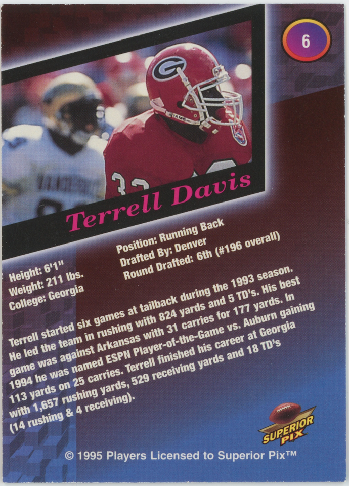 Terrell Davis 1995 Players Superior Pix Signature Denver Broncos #6 / ...