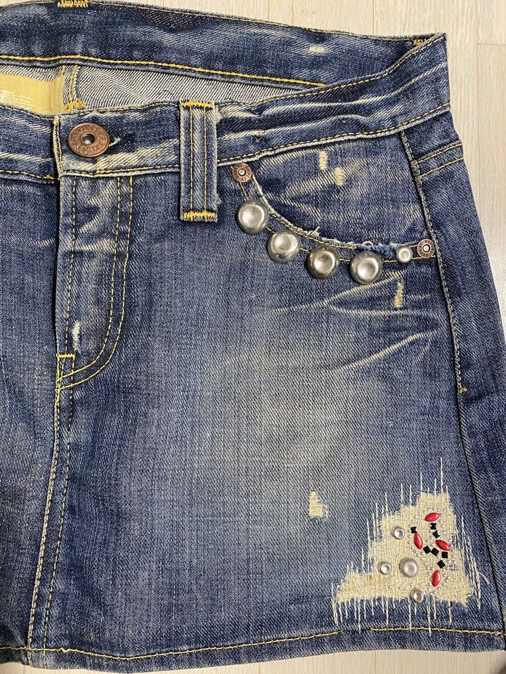 REPLAY Distress Blue Denim Jean Micro Mini Skirt zip sz 28 Y2K Studs ...
