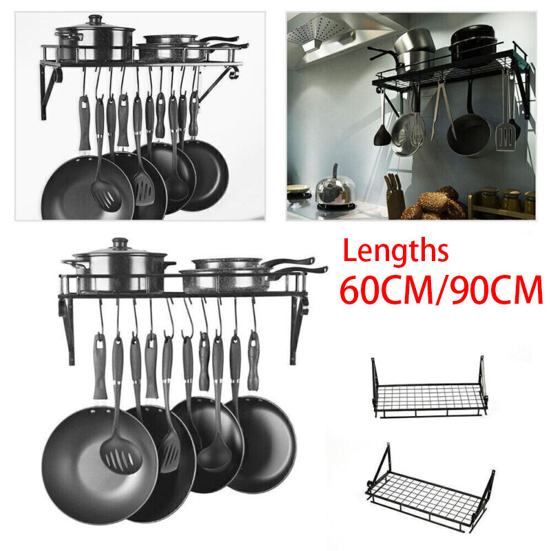 Kitchen Iron Hanging Pot Pan Rack Wall Mount Storage Shelf Saucepan ...