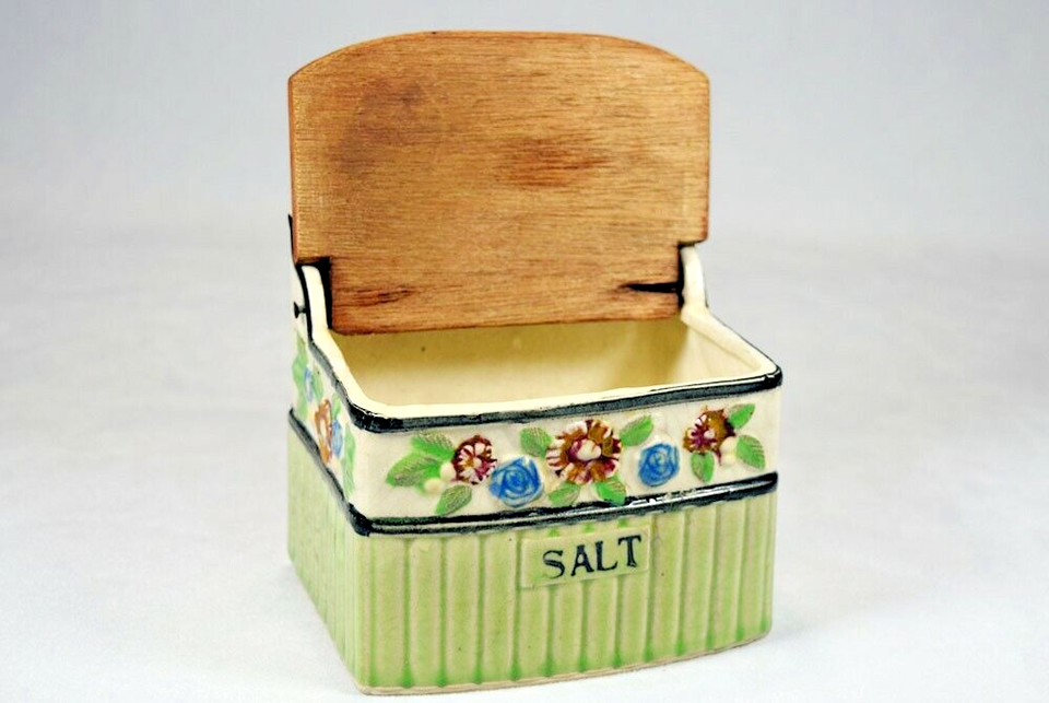 Vintage Ceramic Stoneware Salt Box Apple Green Raised Floral Wood Lid ...