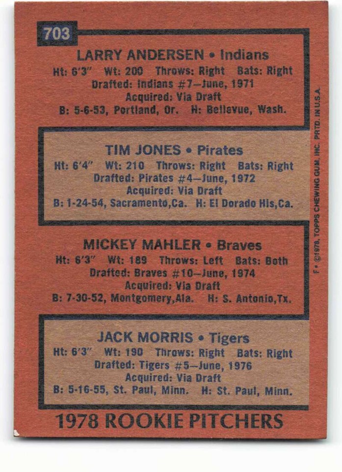 1978 Topps #703 Larry Andersen/Tim Jones/Mickey Mahler/Jack Morris EX+ ...