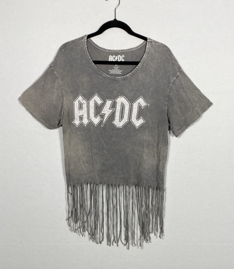 AC/DC Gray Stone Wash Long Fringe Band Rocker Top Size XL Boho Festival ...